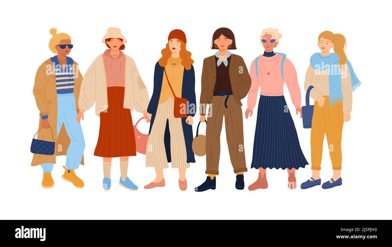 Women in casual modern clothes. Young stylish female characters. People ...
