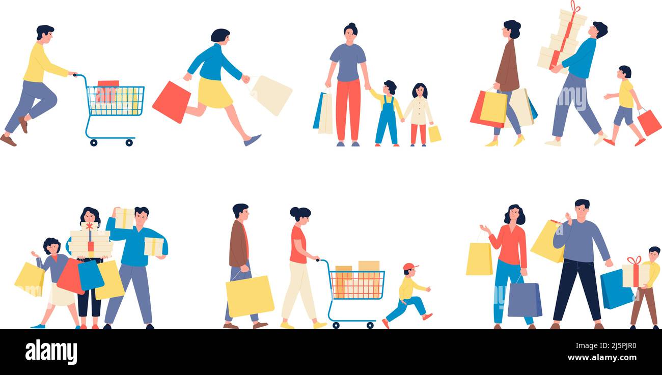 Family shopping. Consumers parents with kids holding shop bags and ...