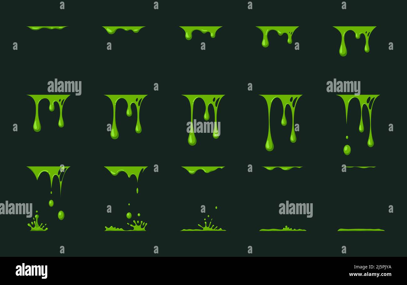 Slime dripping. Zombie green liquid drops animation. Mucus or paint ...