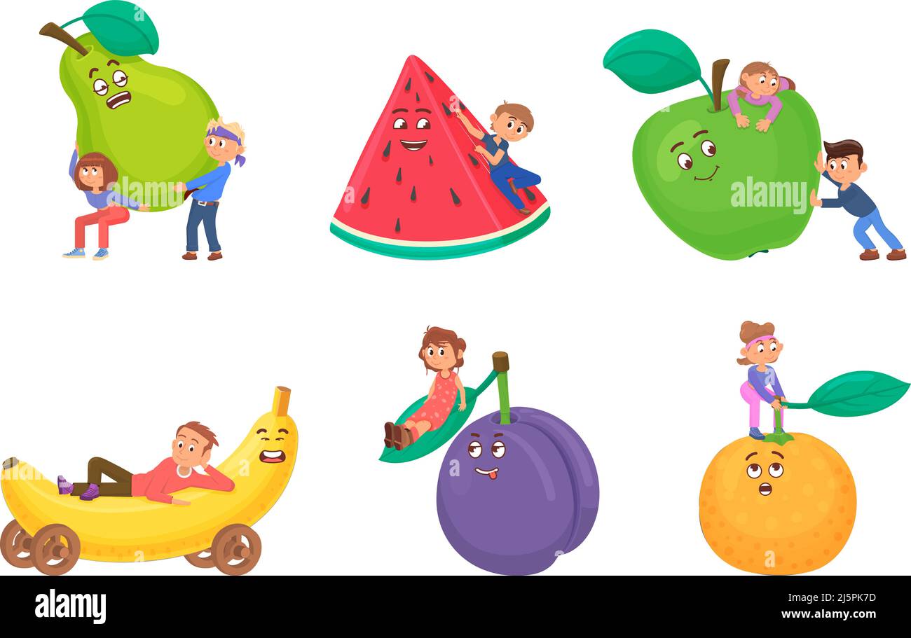 Kids play with big cartoon fruits. Happy characters, baby meals fresh ...
