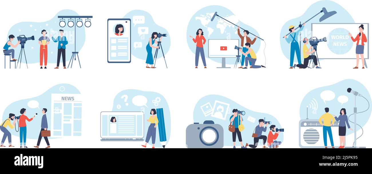 News media bloggers writing posts, doing news with smartphones and cameras. Flat cartoon ...