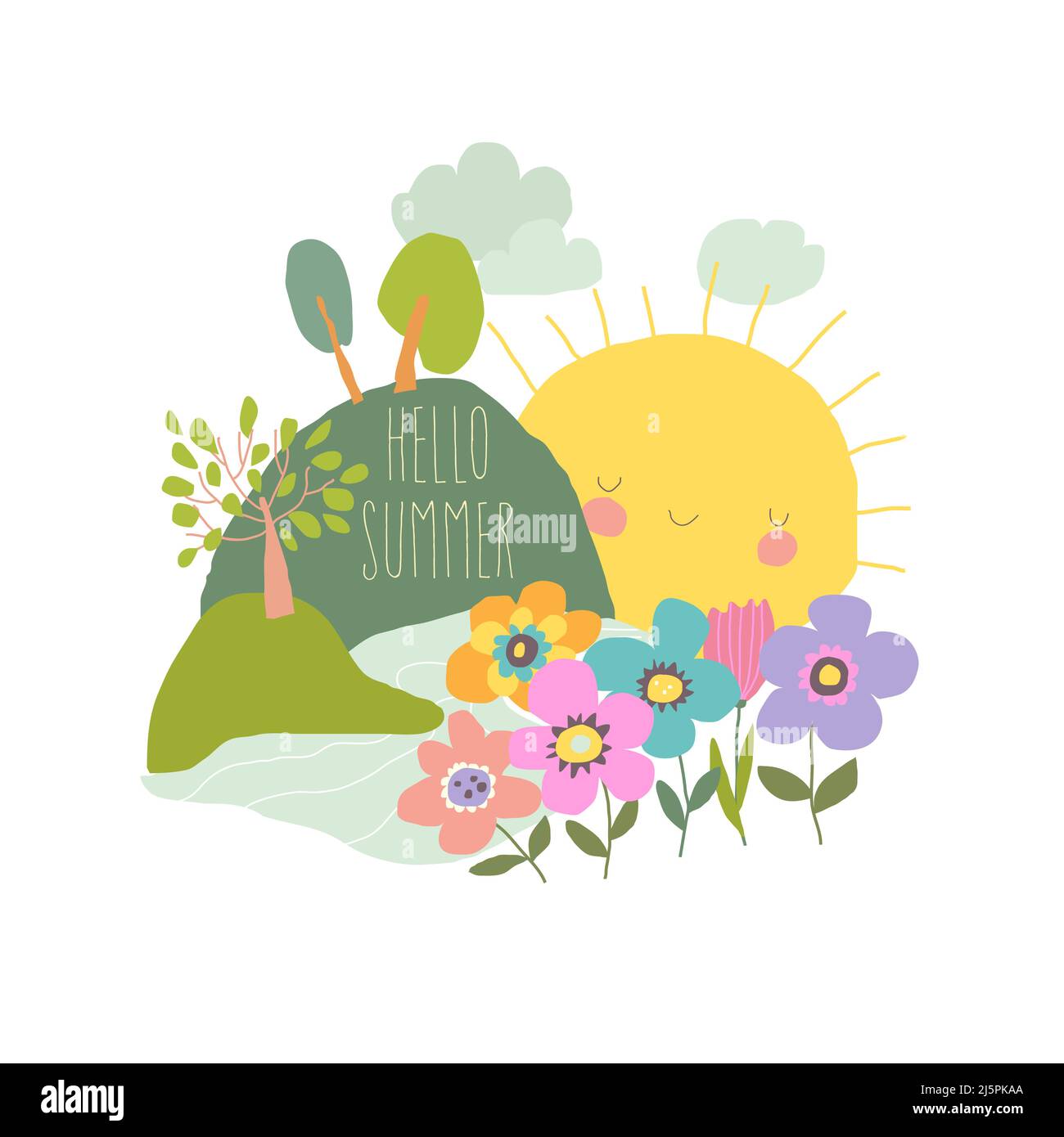 Cute Cartoon Summer Landscape with Sun, Flowers and Trees Stock Vector ...