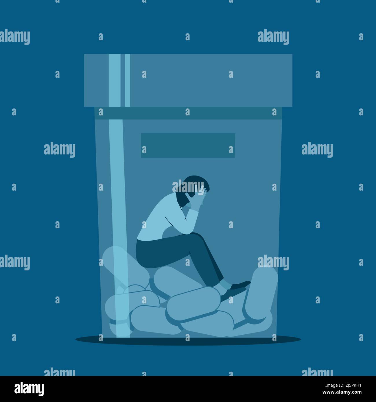 Man drug addiction. Painkiller or pills in bottle and sad person ...