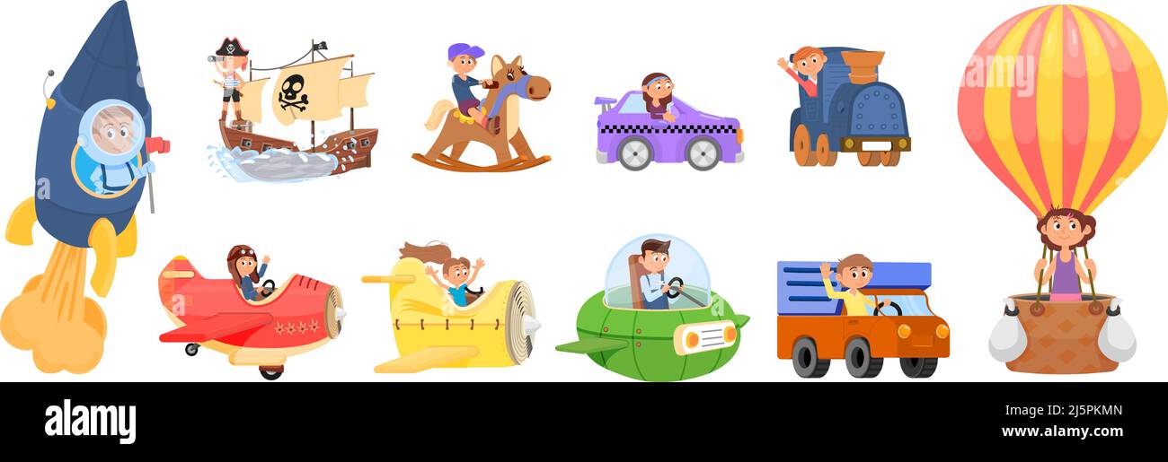 Cartoon kids in transport. Child airplane, children and vehicles and ...