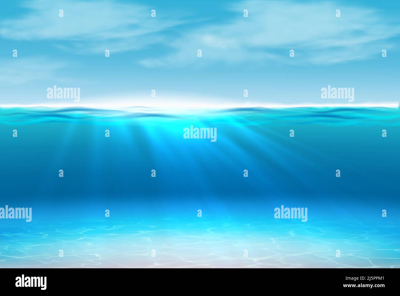 3d realistic background. Underwater ocean with sun rays. Sea side ...