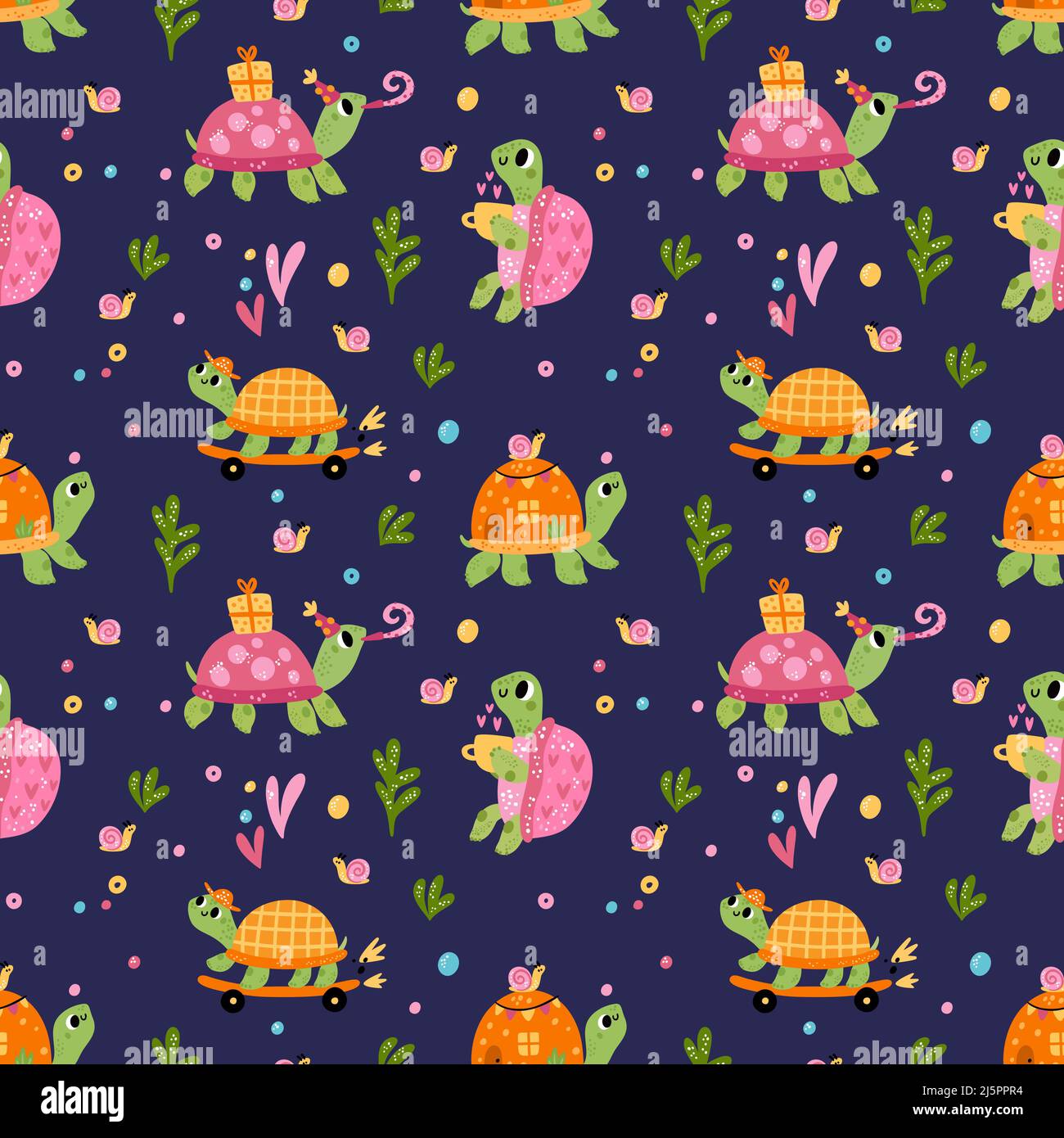 Cartoon turtle seamless pattern. Different actions of little reptiles ...