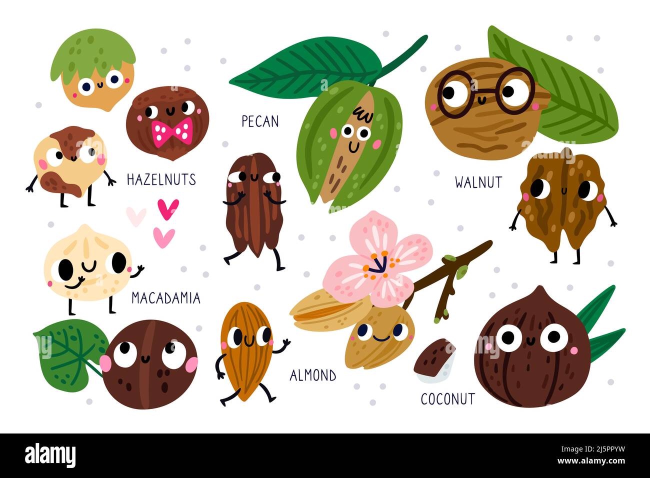 Cute nuts characters. Funny dry food with faces, hands and feet ...