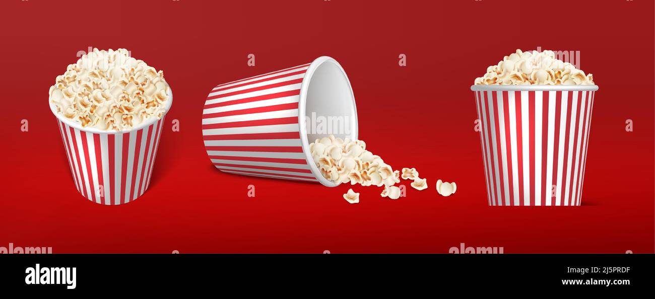 3d realistic icon. Popcorn stripped boxes in top, side and front view ...