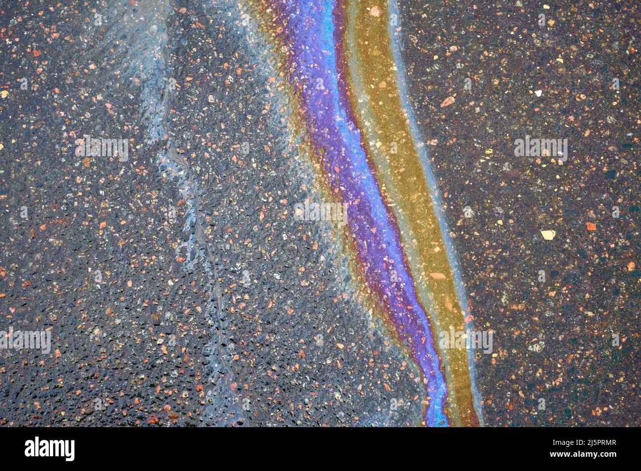 An oil stain on the asphalt, rainbow-shaped colored gasoline stains on ...