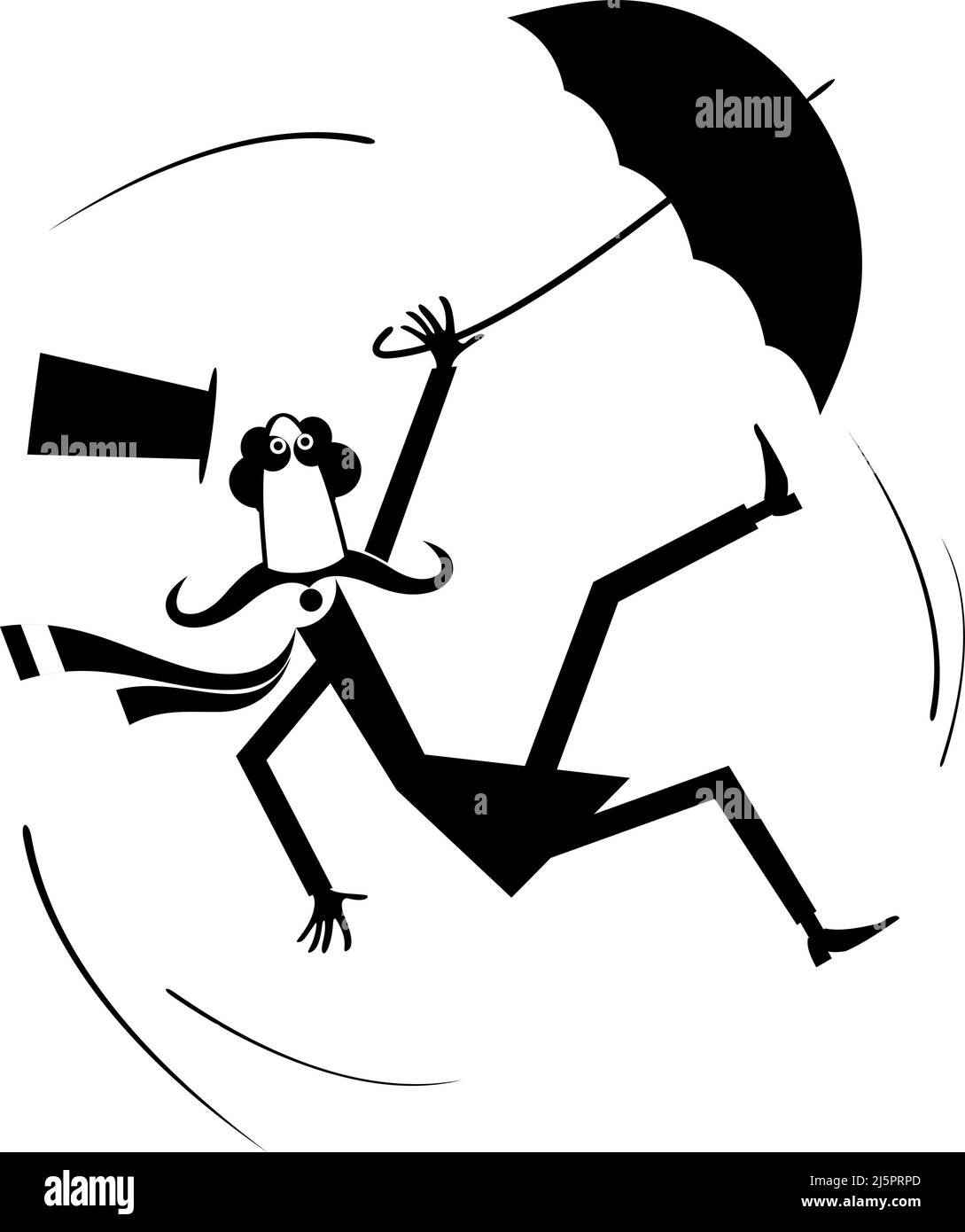 Cartoon man, umbrella and windy day isolated. Funny long mustache man ...