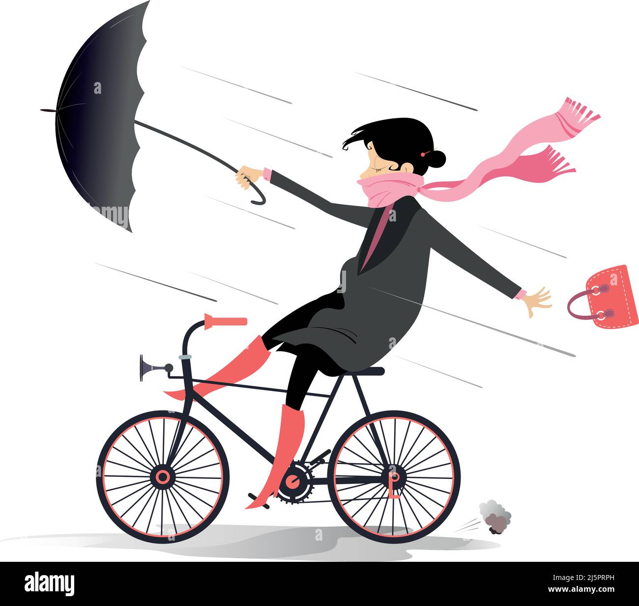 Rainy and windy day and woman rides a bike illustration. Young woman ...