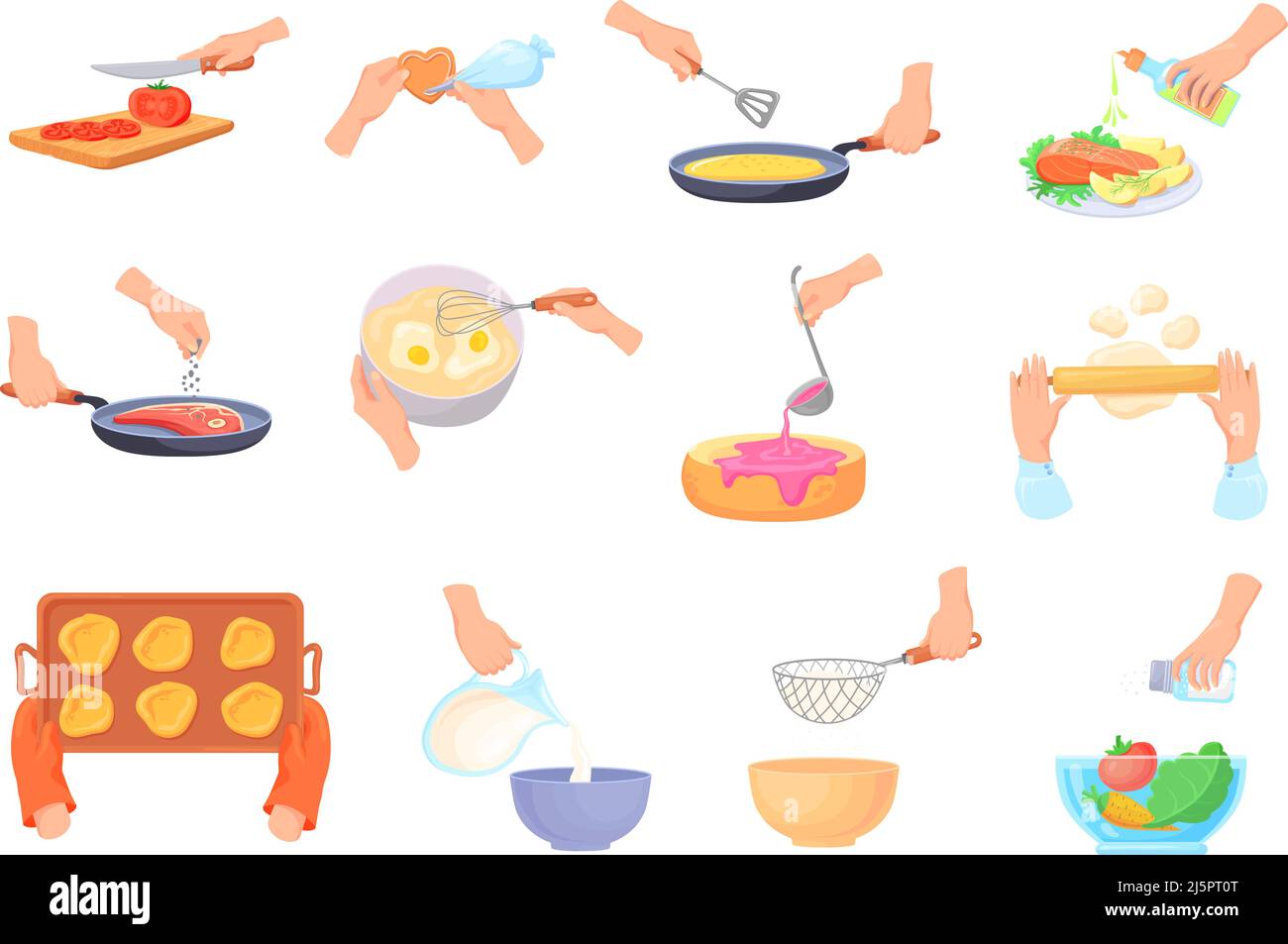 Cartoon hands prepare food. Hand cook, spatula for cooking process ...