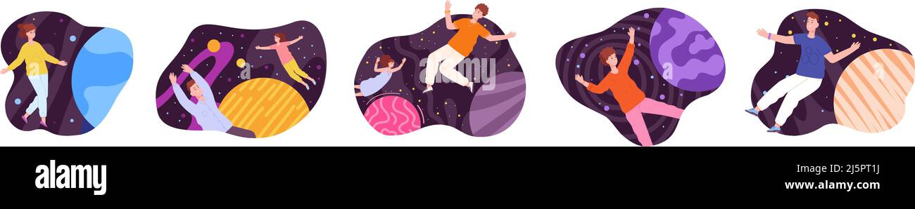 People floating in space. Flying person action cosmos exploration ...
