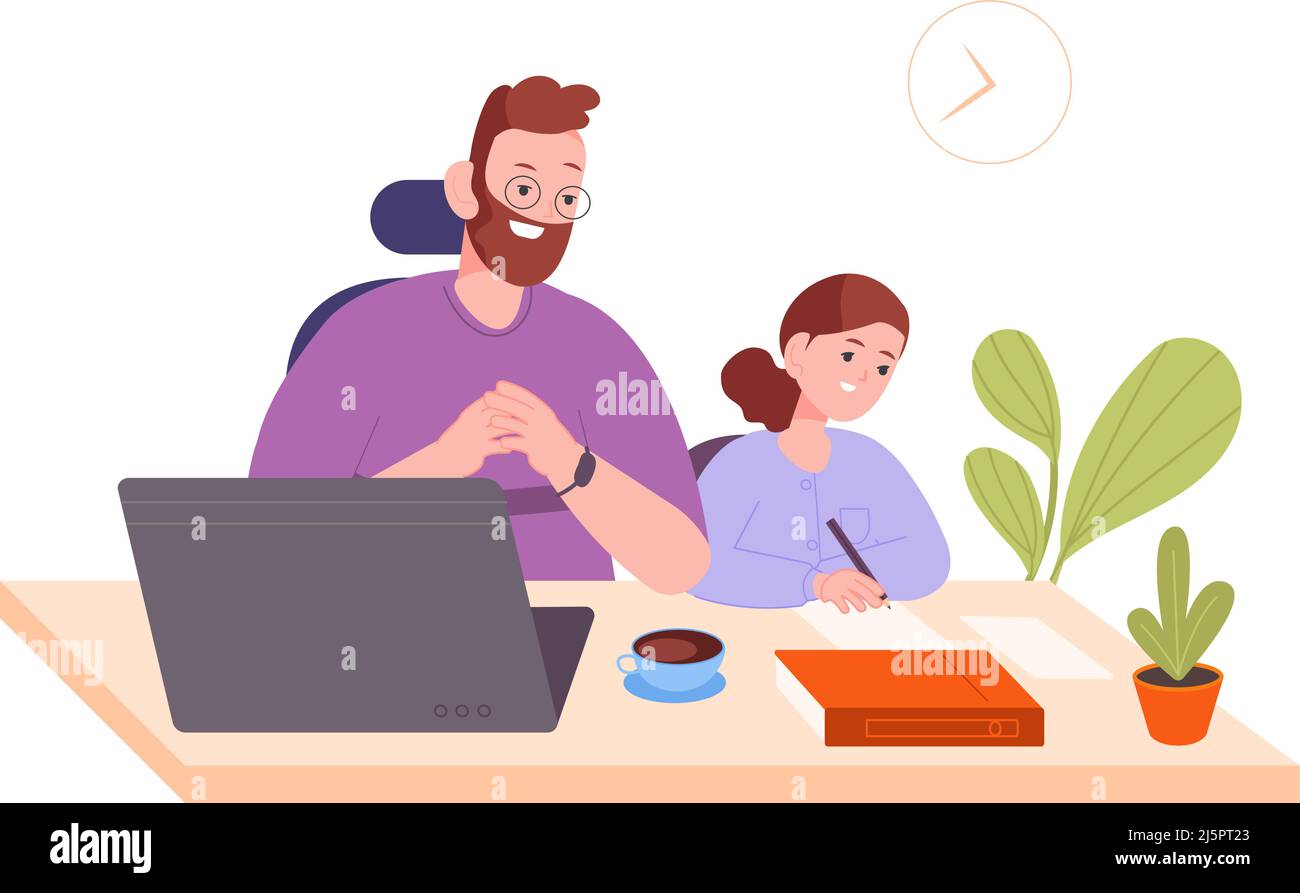 Homework with father. Daddys helping study kid, helpful home teaching ...