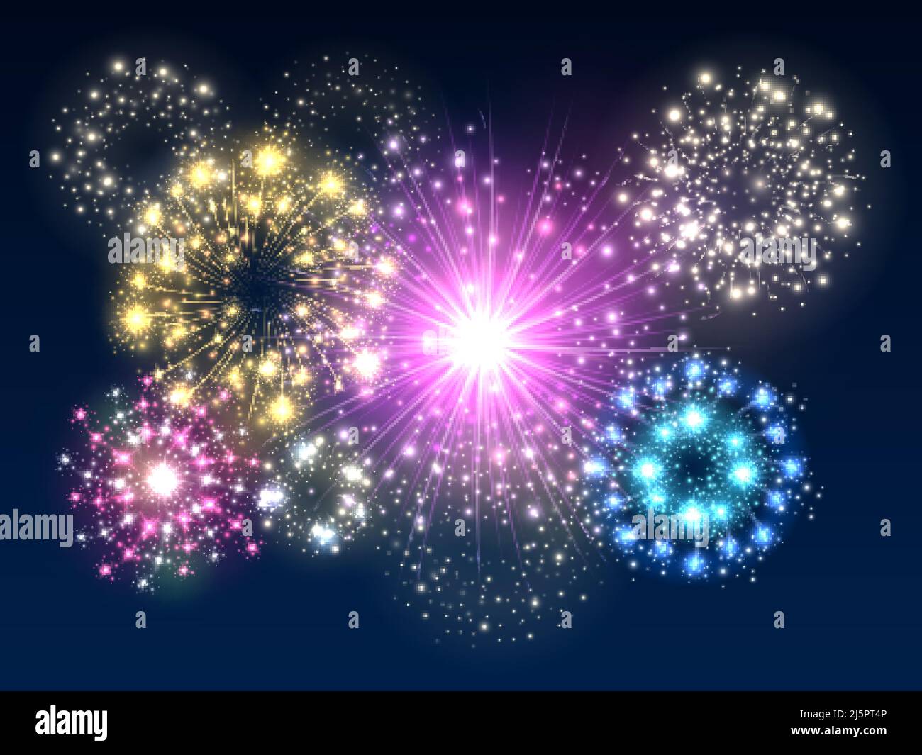 Realistic fireworks bursting. Nightly festive pyrotechnic explosions ...