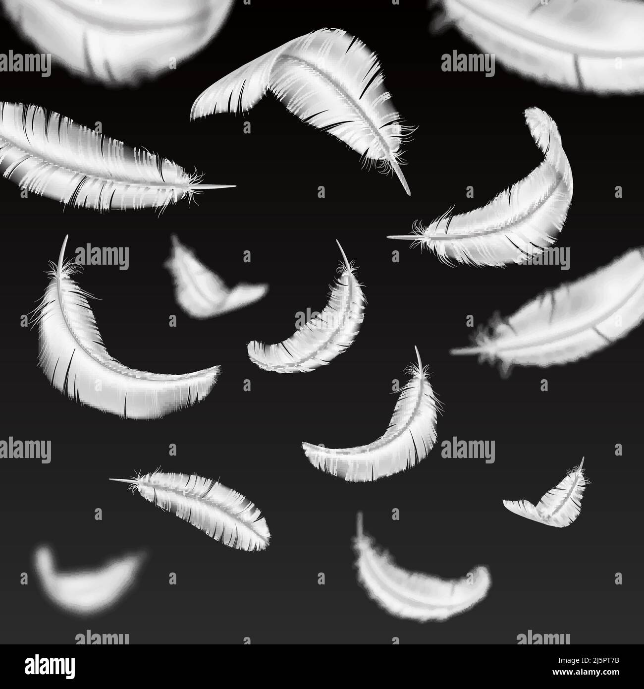 Realistic flying feathers background. 3D white fluffy goose plumage ...