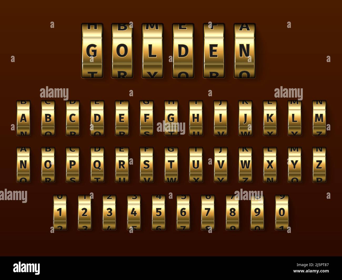 Realistic golden locks combination font. Yellow metal alphabet ...