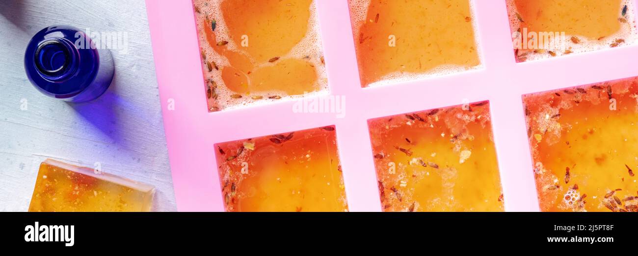 Handmade soap making. Diy glycerin based soap drying in a mold, shot ...