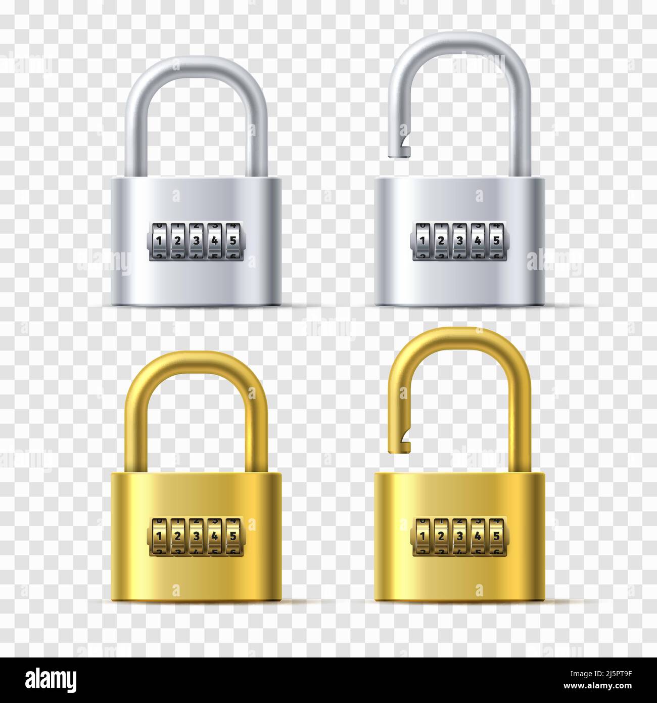 Realistic padlocks. Golden and silver door combination locks. Spinning ...