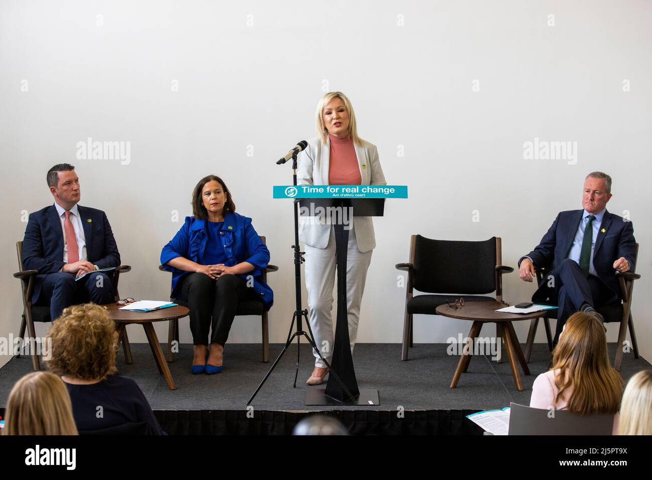 (Left to right) John Finucane MP, Sinn Fein President Mary Lou McDonald ...