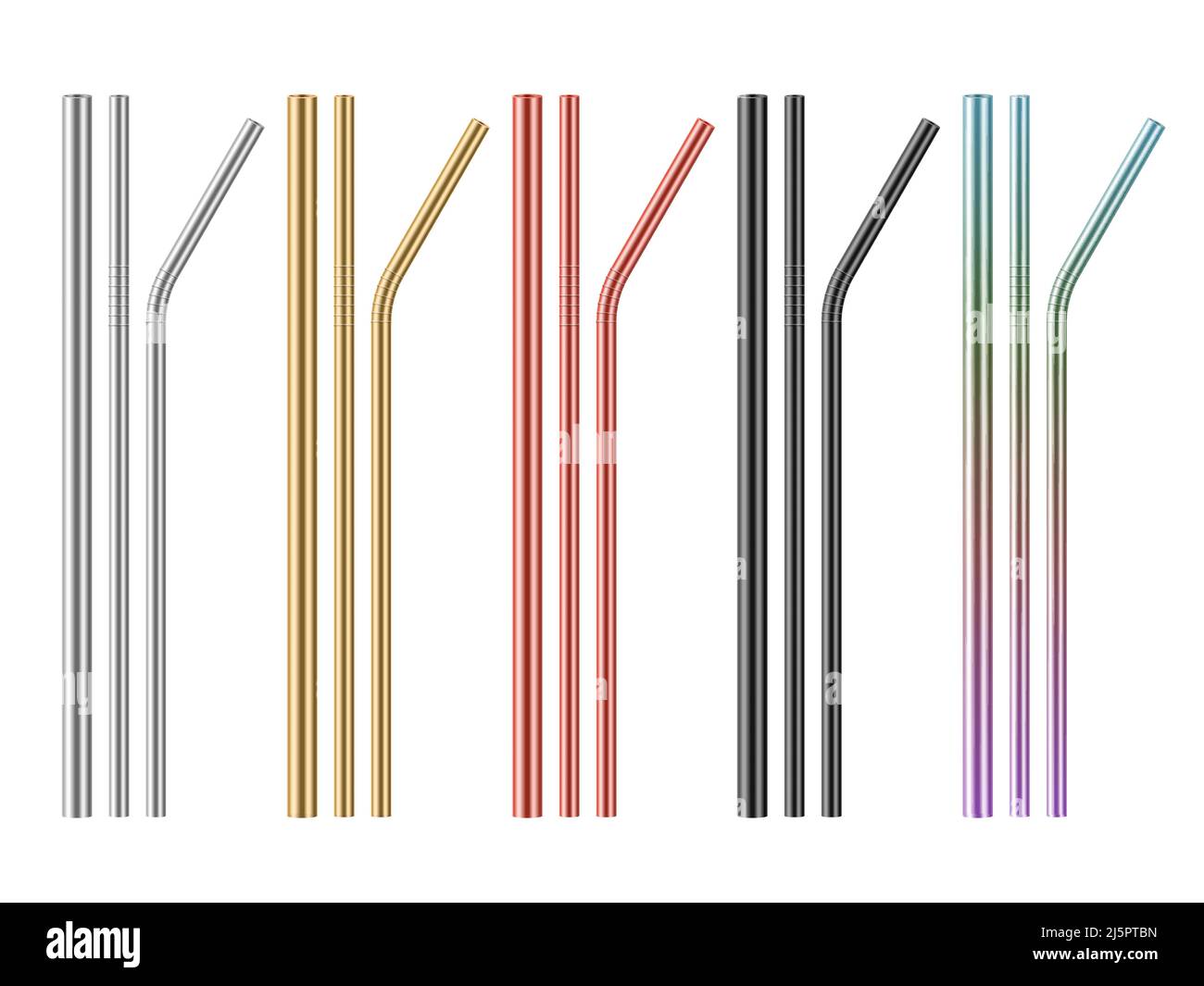 Realistic metal drinking straws. Different colors steel zero waste ...