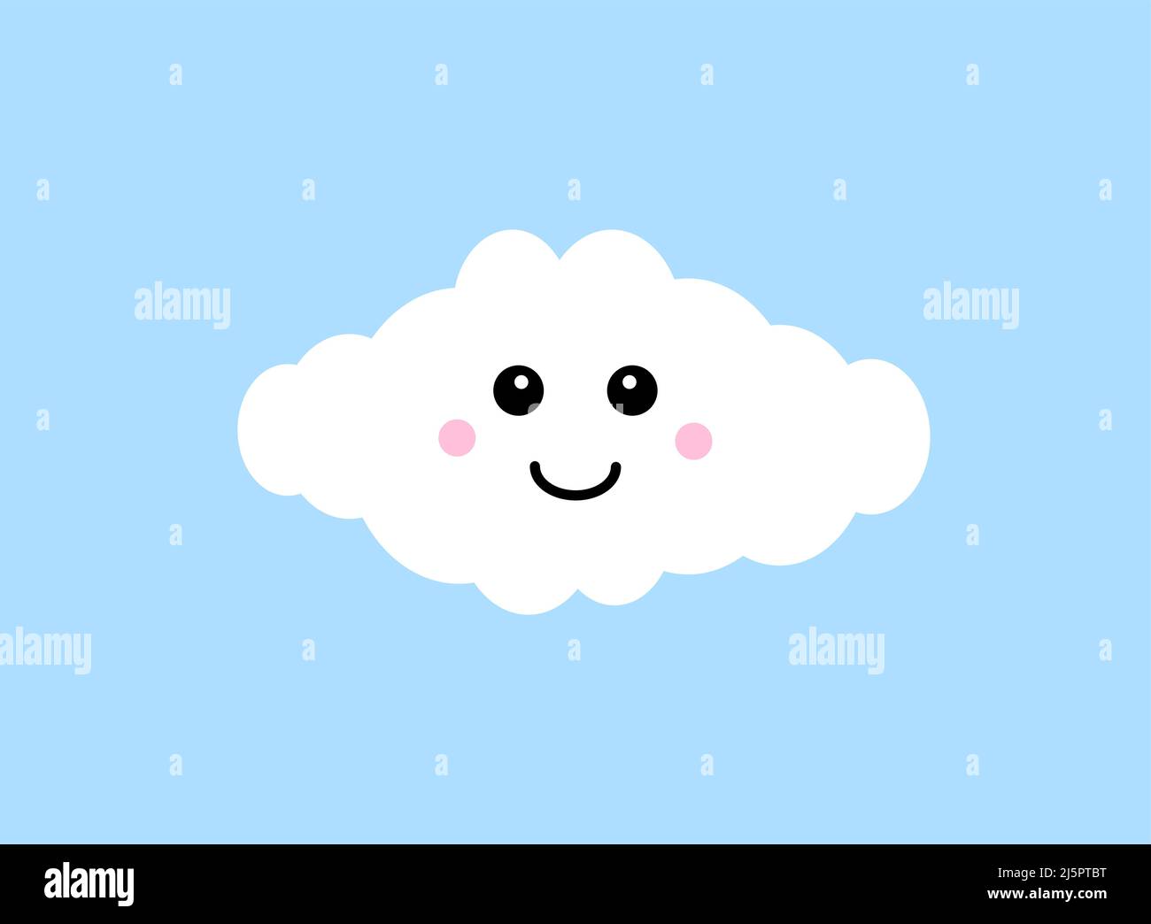 Vector flat cartoon kawaii cloud with face isolated on blue background ...
