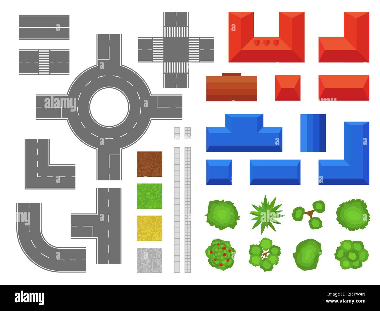 Street elements map top view. Urban objects, buildings and houses with ...