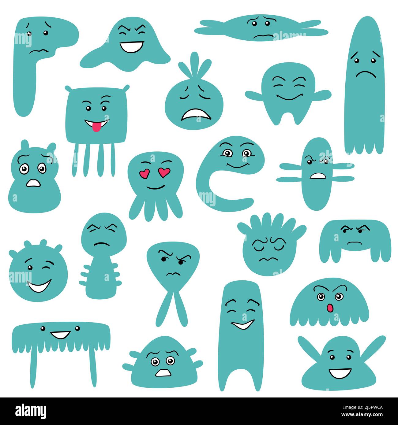 Cartoon cute and funny faces with positive and negative emotions. Comic ...