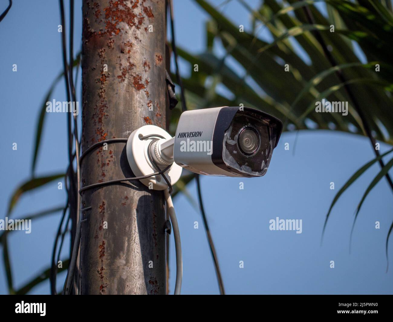Jakarta, Indonesia - April 24, 2022, Cctv camera mounted on an iron ...