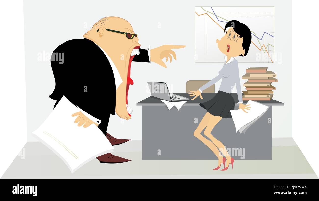Angry boss and employee woman illustration. Angry chief scolds his ...