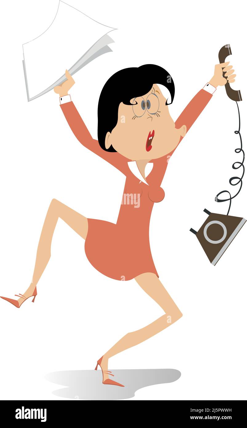 Angry and upset businesswoman illustration. Busy businesswoman holding ...