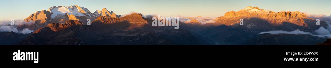 Evening sunset panoramic view of mount Marmolada, the highest mount of ...