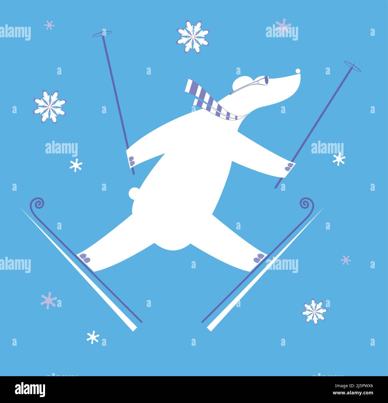 Cartoon skiing bear illustration. Skiing polar bear white on blue ...