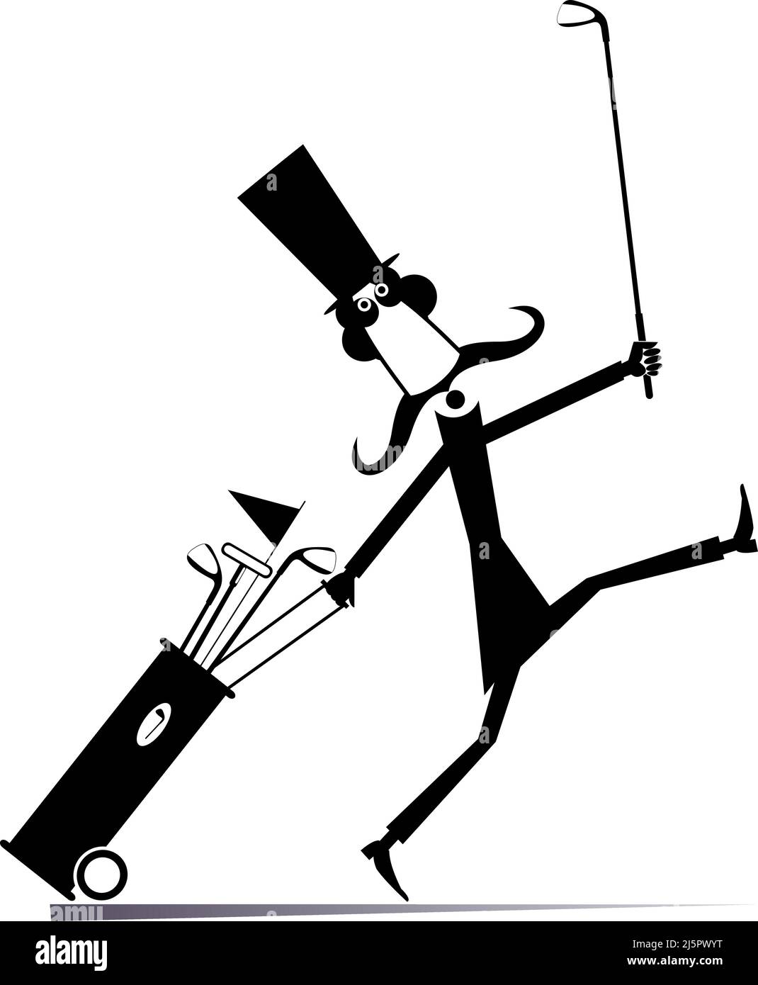 Funny long mustache man goes to play golf illustration. Cartoon long ...