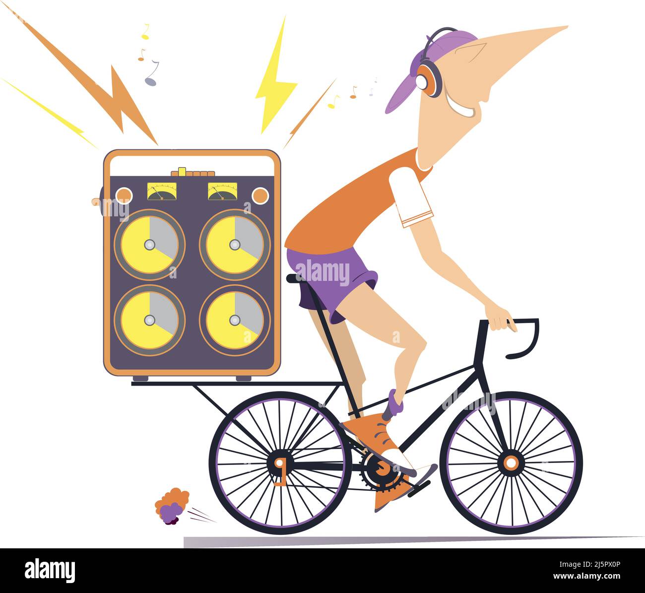 Cartoon young man rides and listens music on boombox illustration ...
