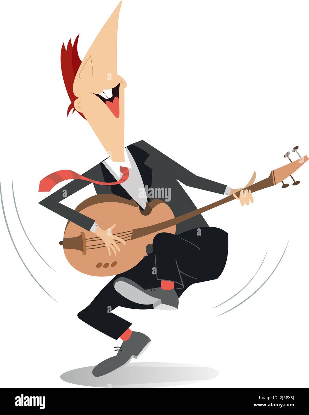 Cartoon guitarist illustration. Smiling young man plays guitar and ...