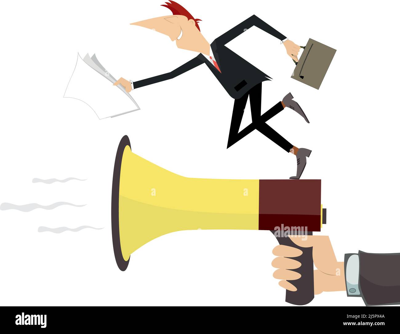 Hand with megaphone and running man on it Illustration. Hand with ...