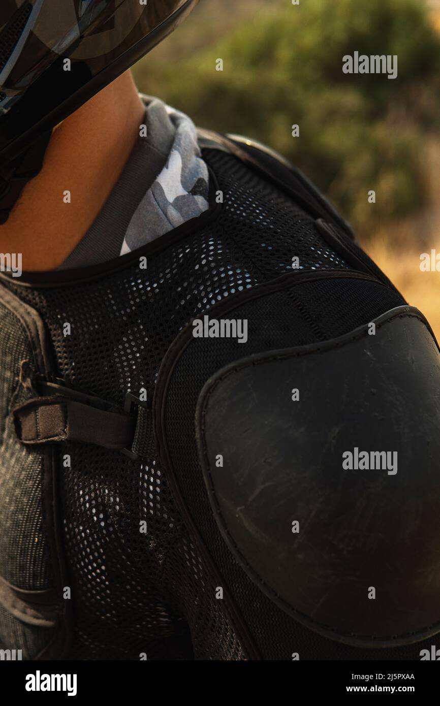 Closeup of professional MTB rider body armour for downhill Stock Photo ...