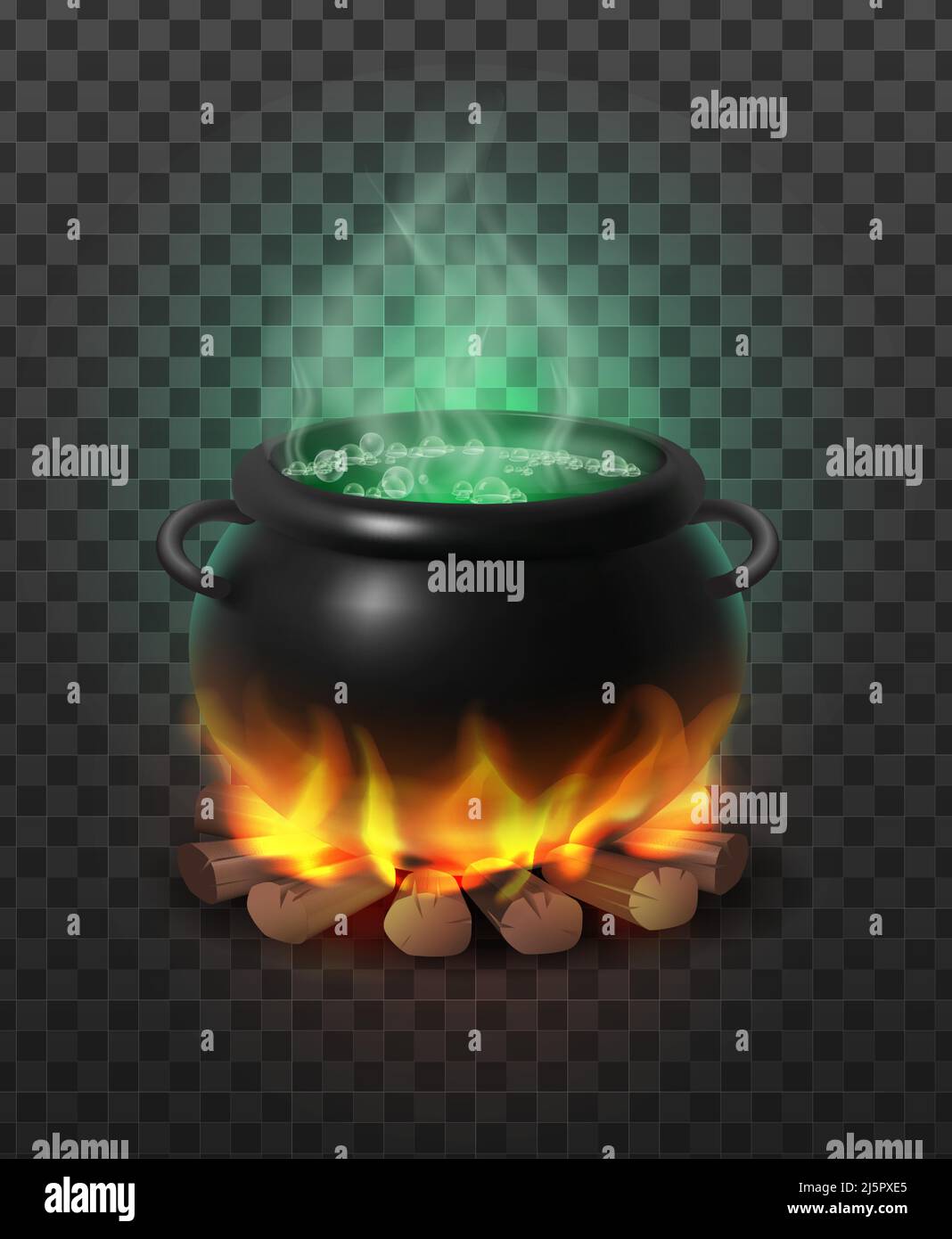 realistic icon. Black witch cauldron on campfire on wood with inside ...