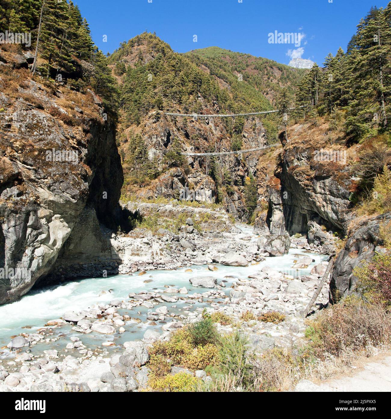 Two rope hanging suspension bridges in Nepal Himalayas under Namche ...