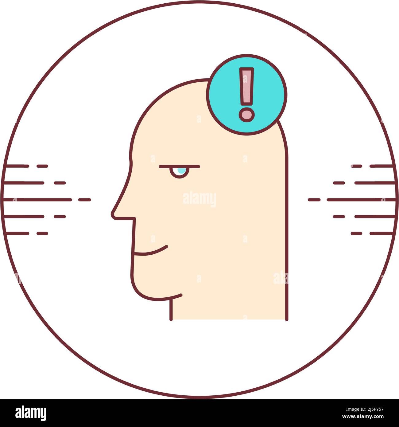Exclamation in brain icon. Human head with caution or error mark vector ...