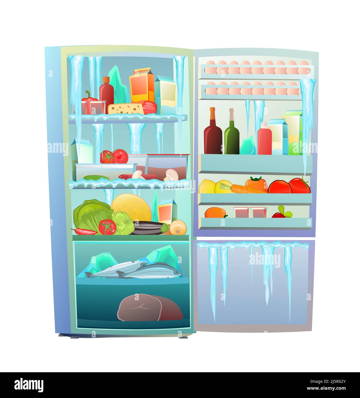 Fridge. Frost and ice icicles. Very cold. Lots of food and prepared ...