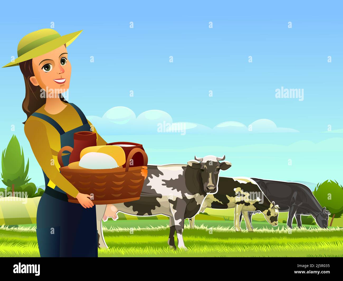 Girl farmer with basket. Cows are grazing. Rural landscape hills. Green ...