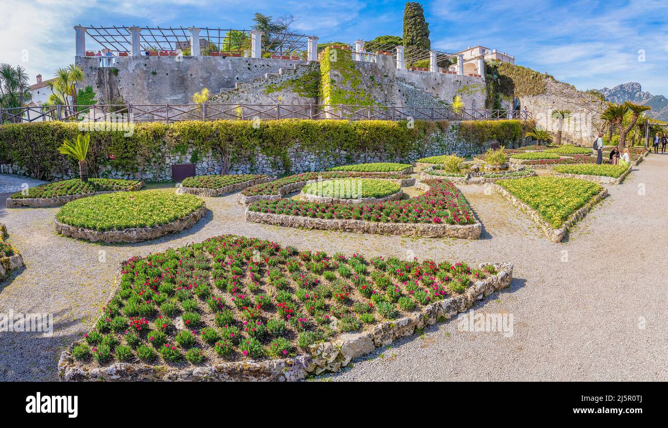 Ravello, Italy; April 19, 2022 - A view of the gardens of Villa Ravello ...