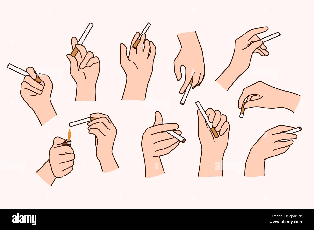 Set of people hands with cigarette. Collection of smoker bad habit ...