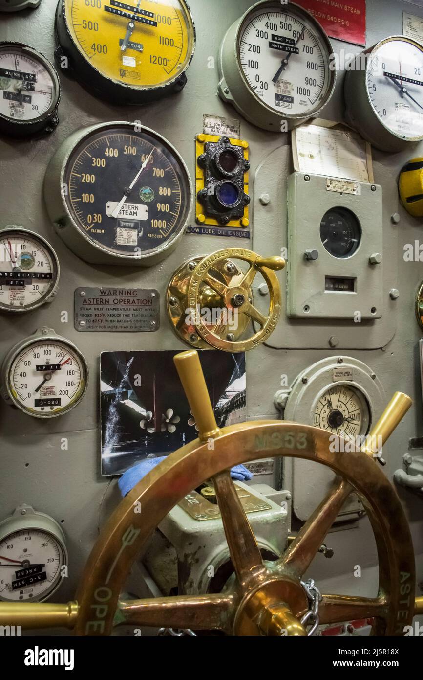 Close-up view of the engine room rudder and steam, temperature and ...