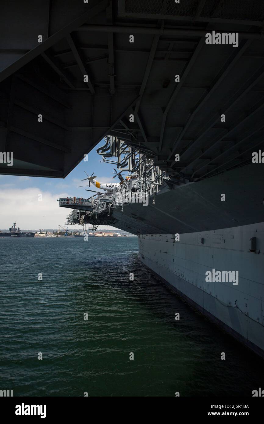 Unusual perspective of the USS Midway aircraft carrier hull under the ...