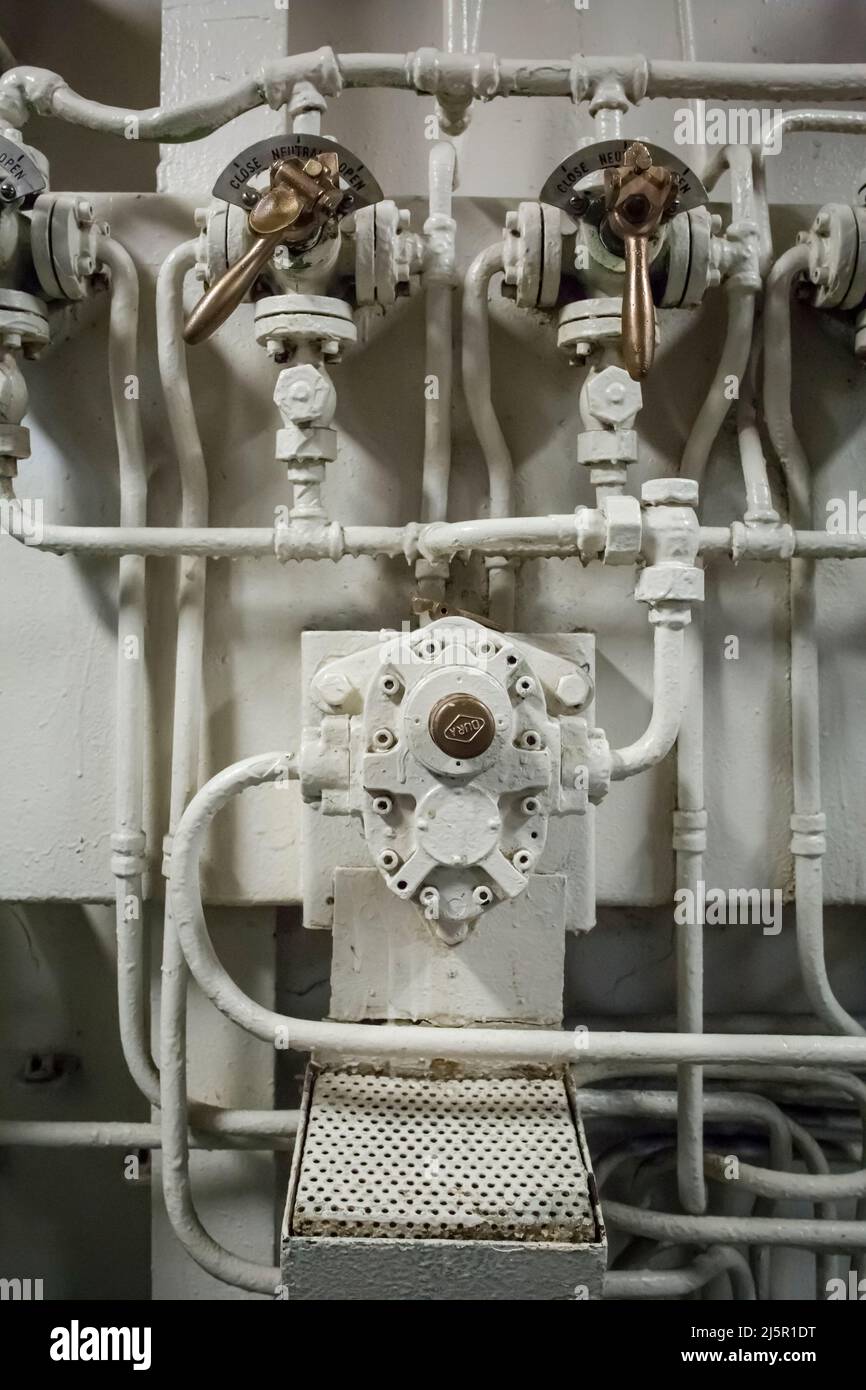 Control devices of the USS Midway aircraft carrier, San Diego Navy Pier ...