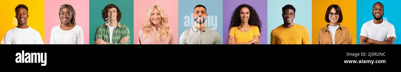 Set With Happy Faces Of Multicultural People Posing Over Colorful ...