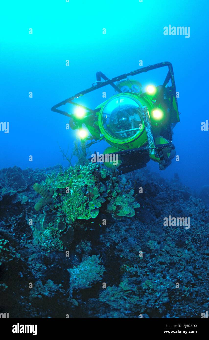 Research submarine in a coral reef at Cayman islands, Caribbean ...
